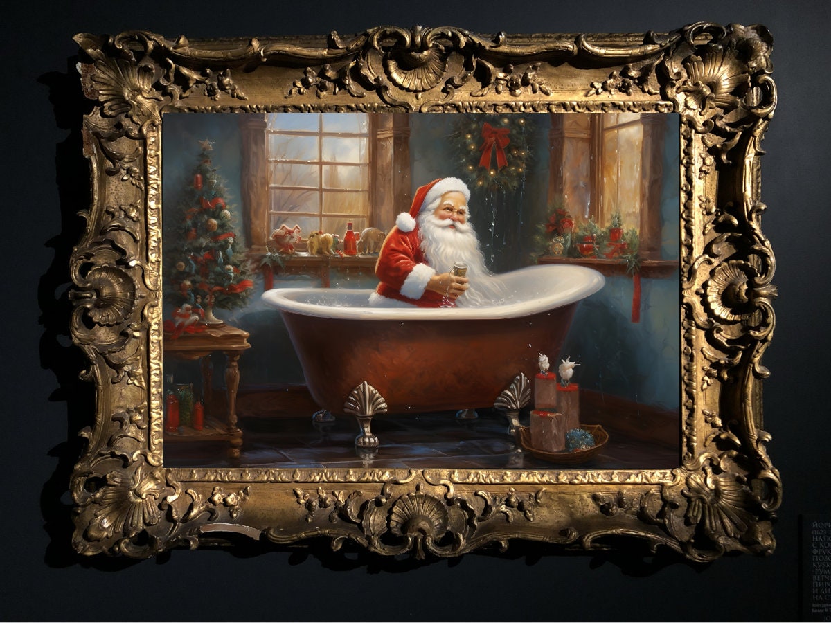 Vintage Santa Claus in the Bathtub, Santa Bathroom Print, Art Poster Print, Vintage Holiday ...