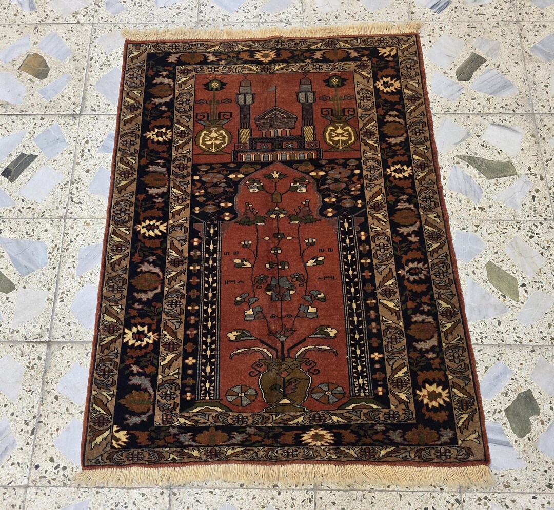 Handwoven Prayer Mat 3.6x2.6ft, Turkmen Wool Handmade Rugs, Wall ...