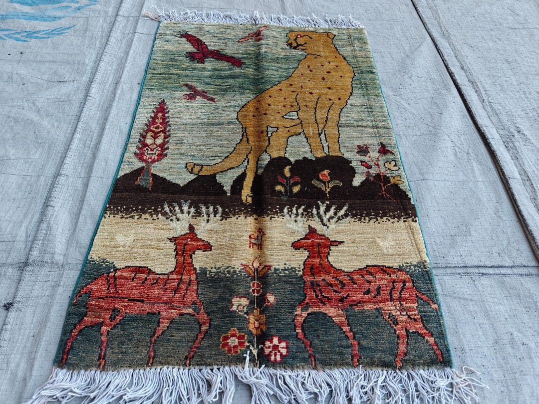 3x2 Pictorial Cheetah and Dears, Handmade Afghan Rug, Wall Hanging Rug ...