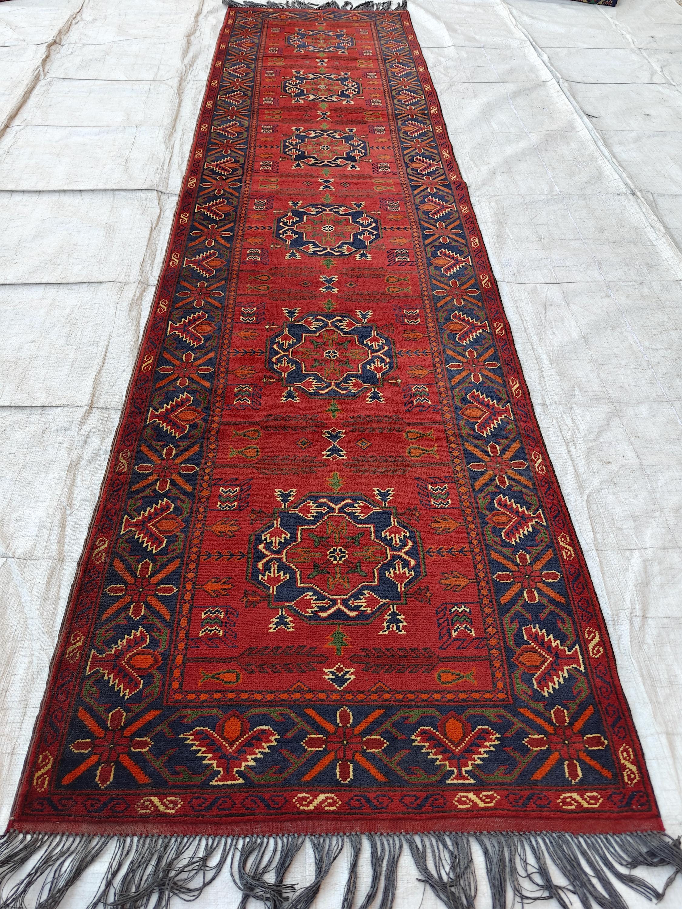 3x11 Red and Navy Blue Kargai Tribal Handmade Runner, Hallway Runner ...