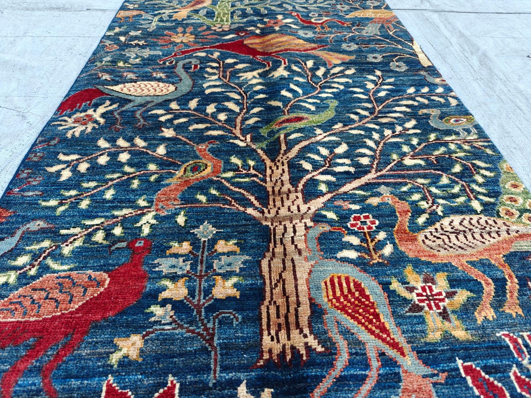 Handmade Afghan Chobi Wool Runner Rug: 9.6 X 2.6 Ft, Animal & Plant ...