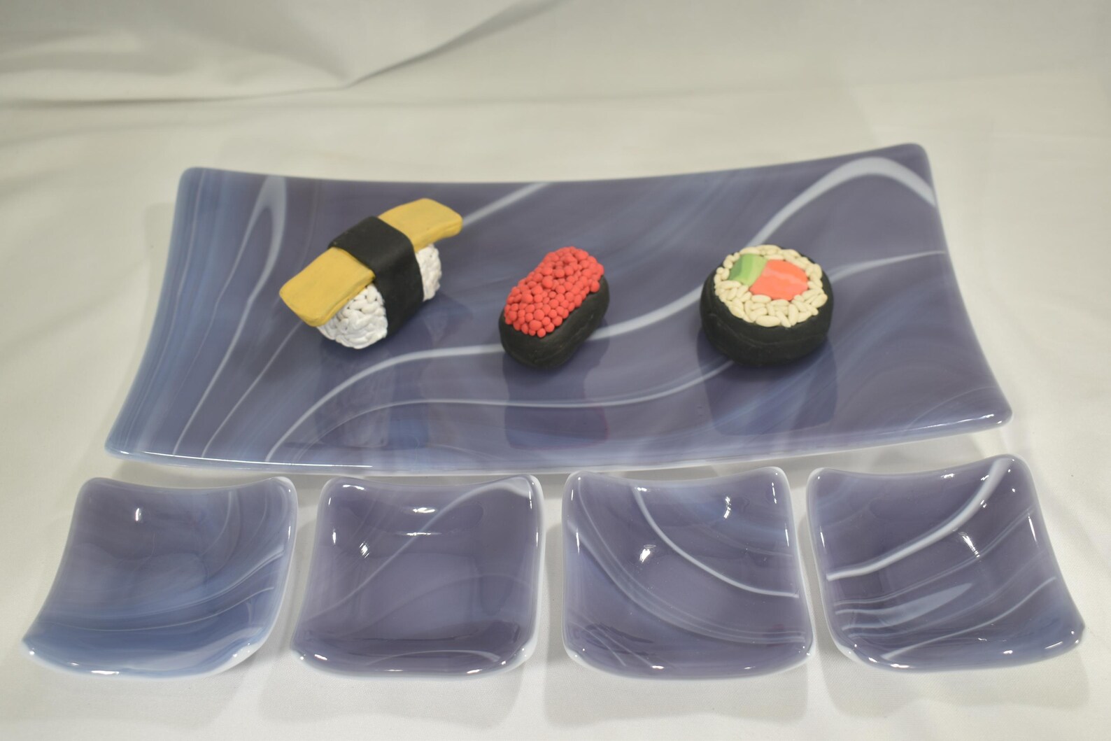 Fused Glass Sushi Set: Purple & White Swirl Platter With Sauce Dishes ...