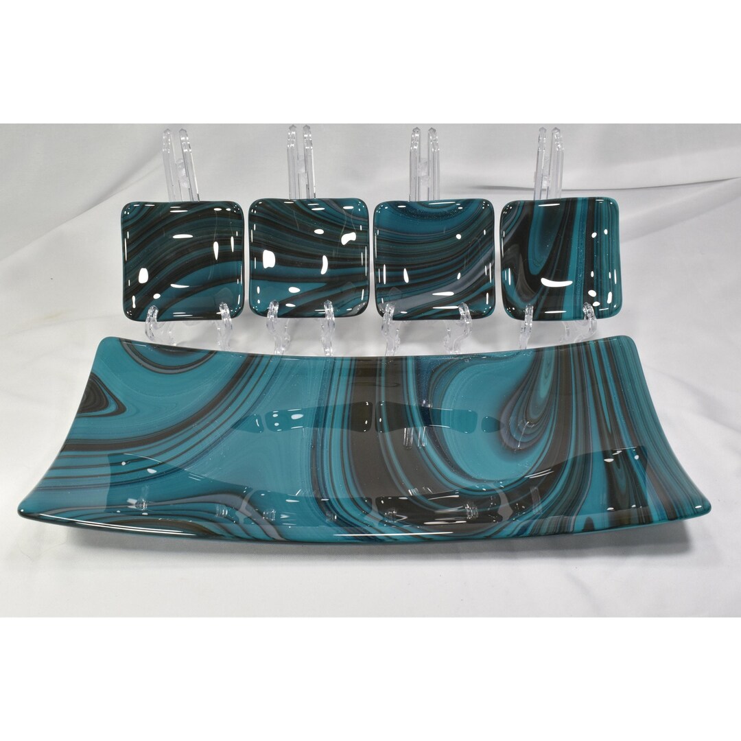 Fused Glass Sushi Set: Peacock Blue Swirl Platter With Sauce Dishes - Etsy