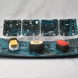 Fused Glass Sushi Set: Peacock Blue Swirl Platter With Sauce Dishes - Etsy