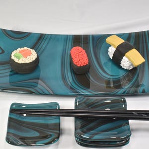 Fused Glass Sushi Set: Peacock Blue Swirl Platter With Sauce Dishes - Etsy