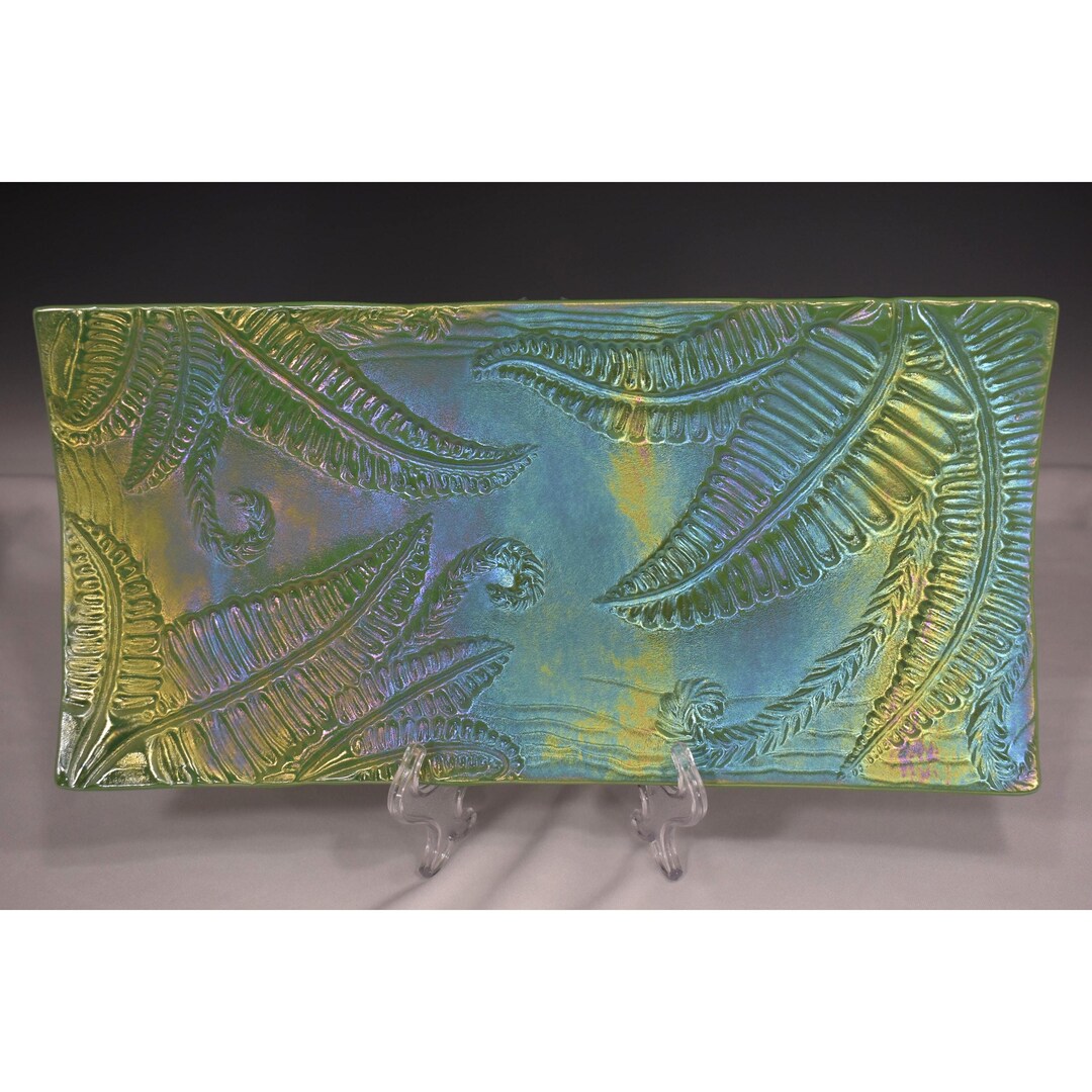 Fern Fused Glass Rectangular Platter 12x6 Inch Light Green With Rainbow ...
