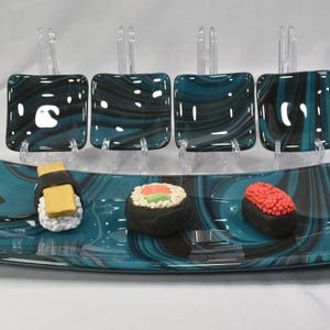 Fused Glass Sushi Set: Peacock Blue Swirl Platter With Sauce Dishes - Etsy