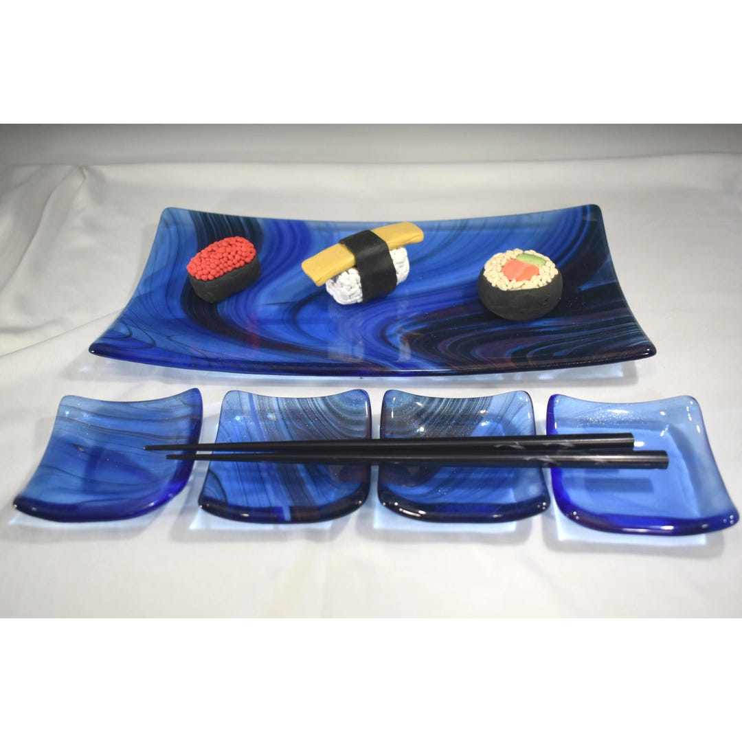 Fused Glass Sushi Set: Polar Vortex Platter With Aventurine Swirls - Etsy