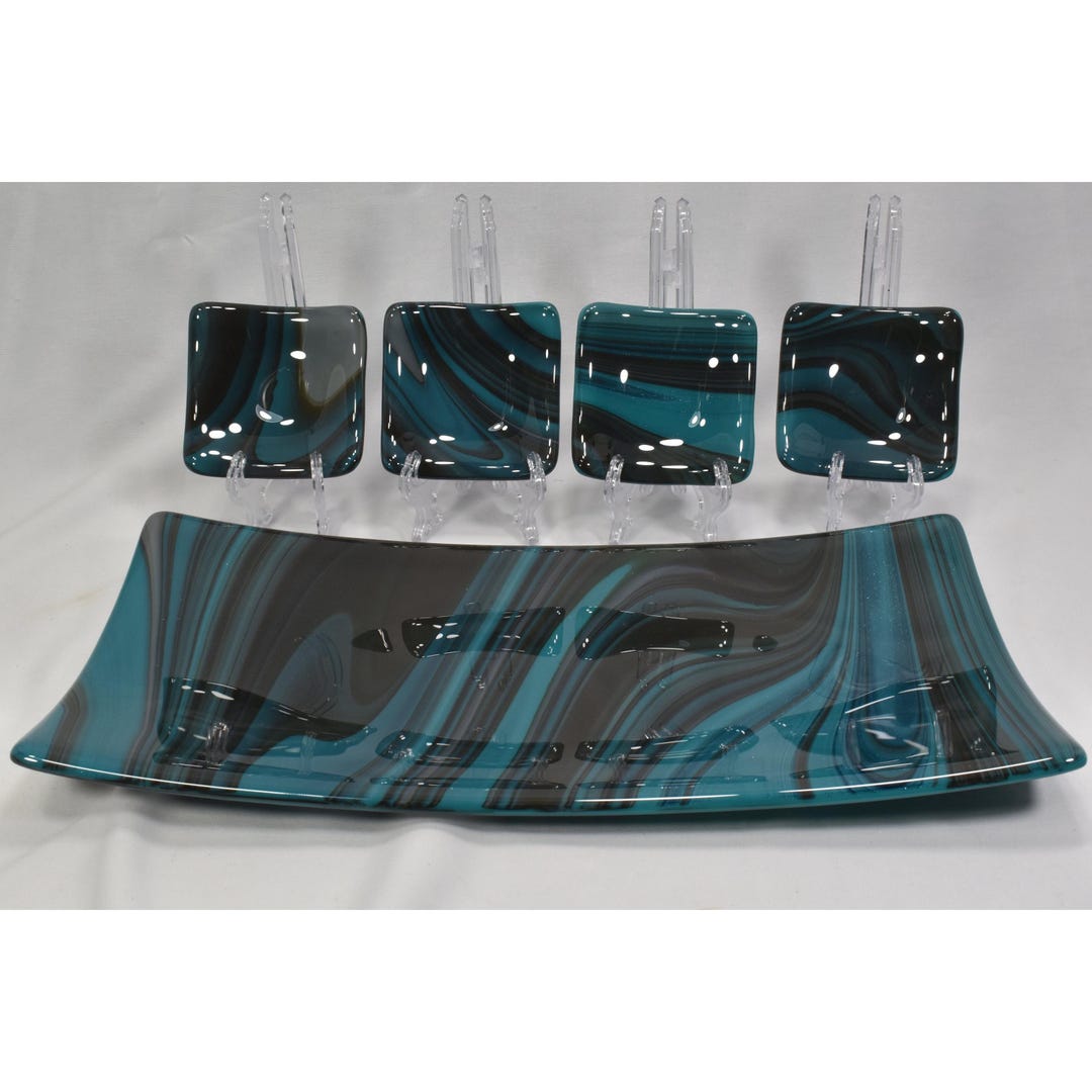 Fused Glass Sushi Set: Peacock Blue Swirl Platter With Sauce Dishes - Etsy