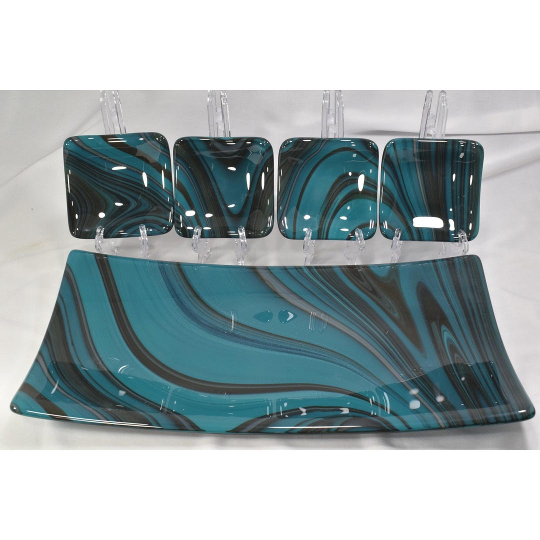 Fused Glass Sushi Set: Peacock Blue Swirl Platter With Sauce Dishes - Etsy