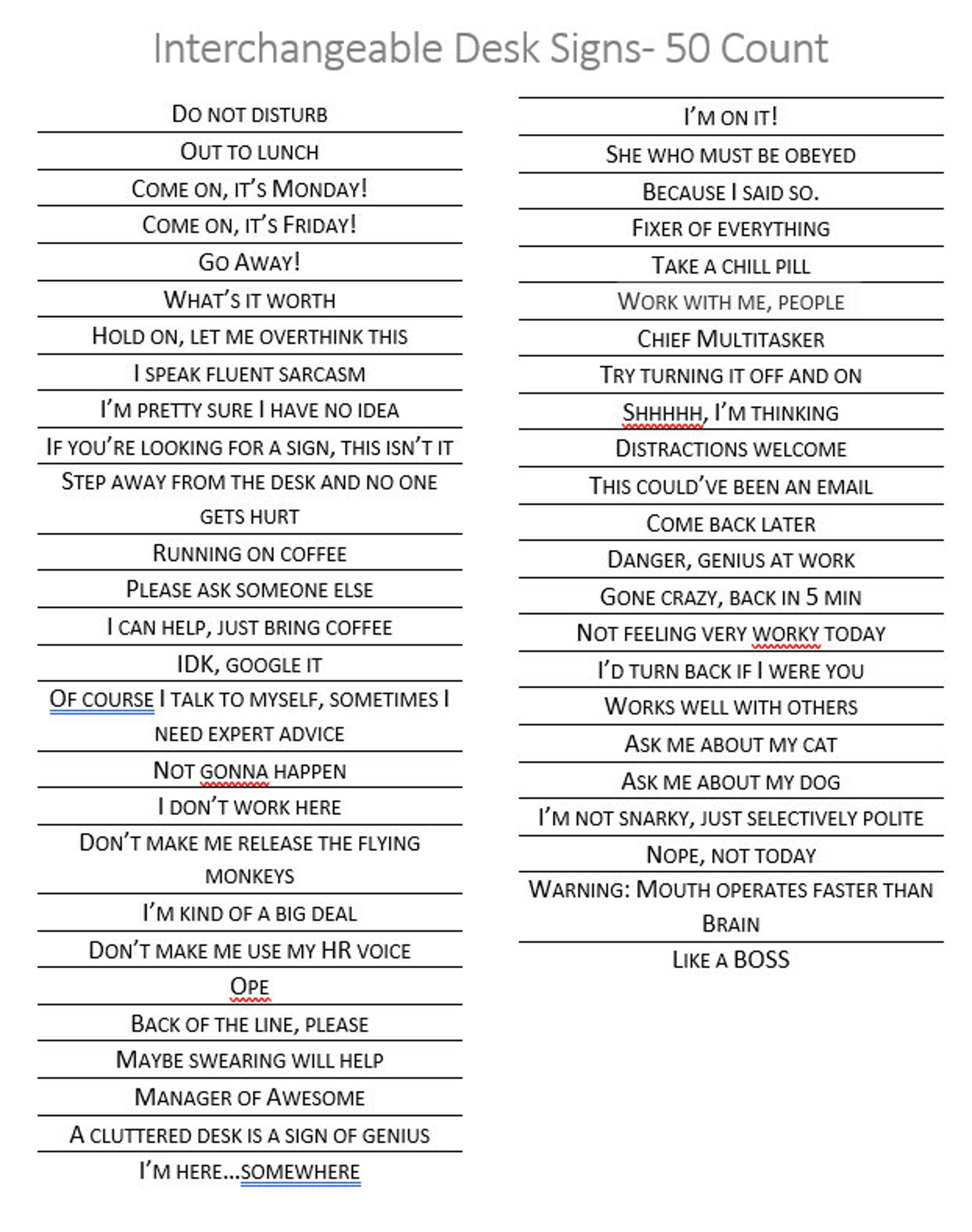 Interchangeable Desk Signs- 50 Count | Funny Office Gift | Name Plate ...