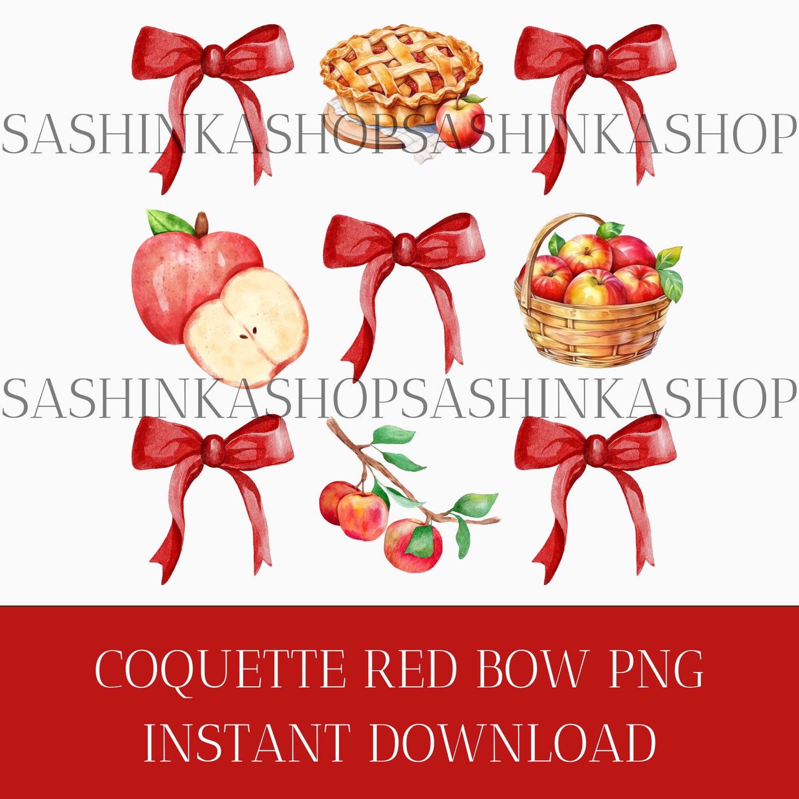 Coquette Apple and Red Bows PNG Soft Girl Era PNG Fall Home Decor Red ...