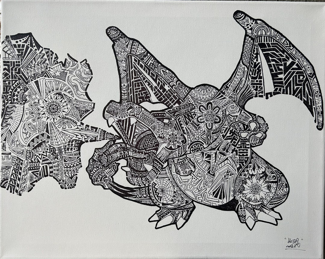 Zentangle Charizard by Tomoki Ide Acrylic Painting on Stretched Canvas ...