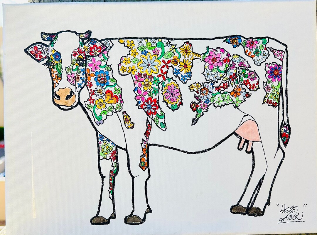 Flower Cow Zentangle by Tomoki Ide Acrylic Painting on Stretched Canvas ...