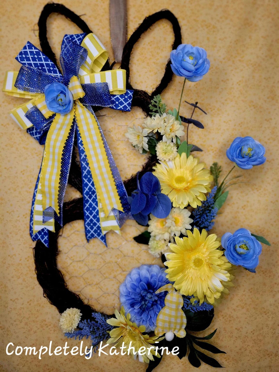 Grapevine Bunny Wreath: Blue & Yellow Spring Door Decor - Etsy