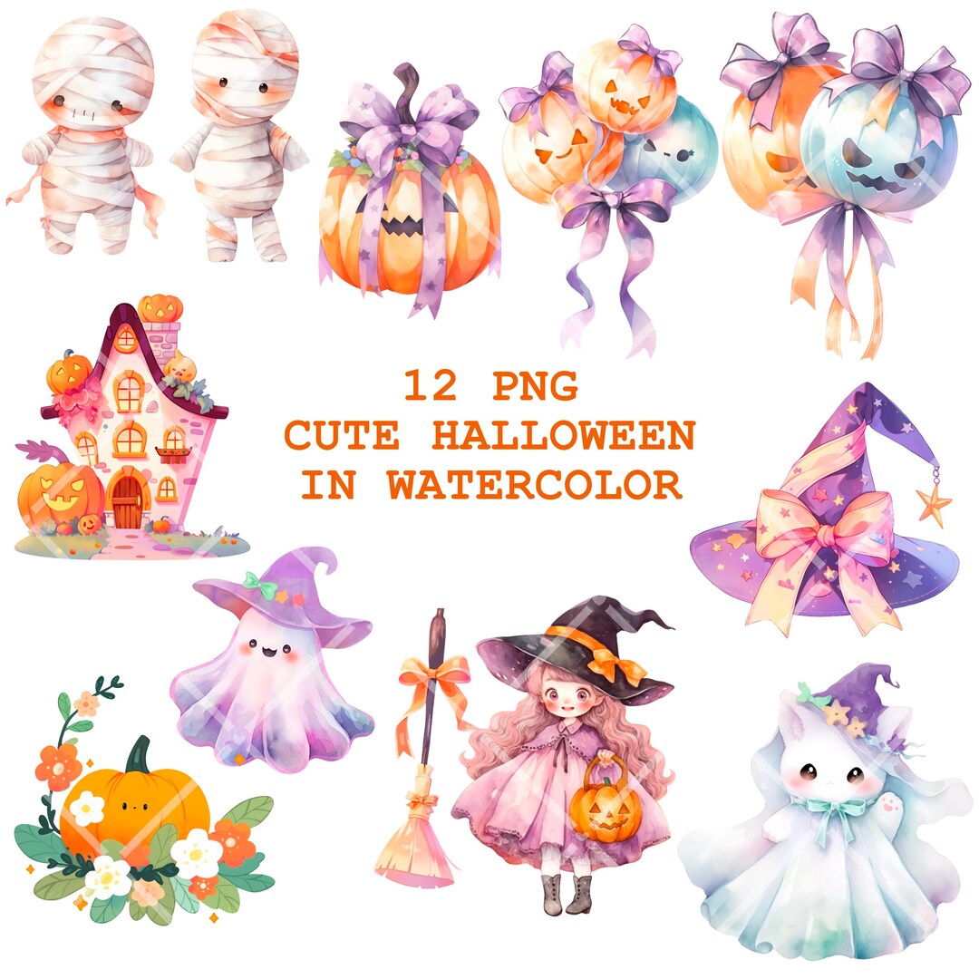 Cute Halloween Watercolor Clipart, Ghosts, Pumpkins, and Witches - Etsy