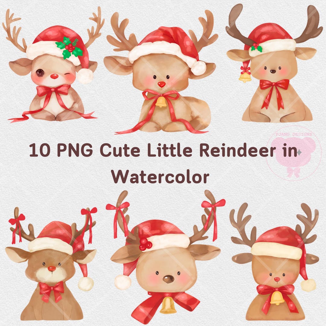 10 Cute Reindeer Watercolor Clipart PNG Christmas Reindeer Digital ...