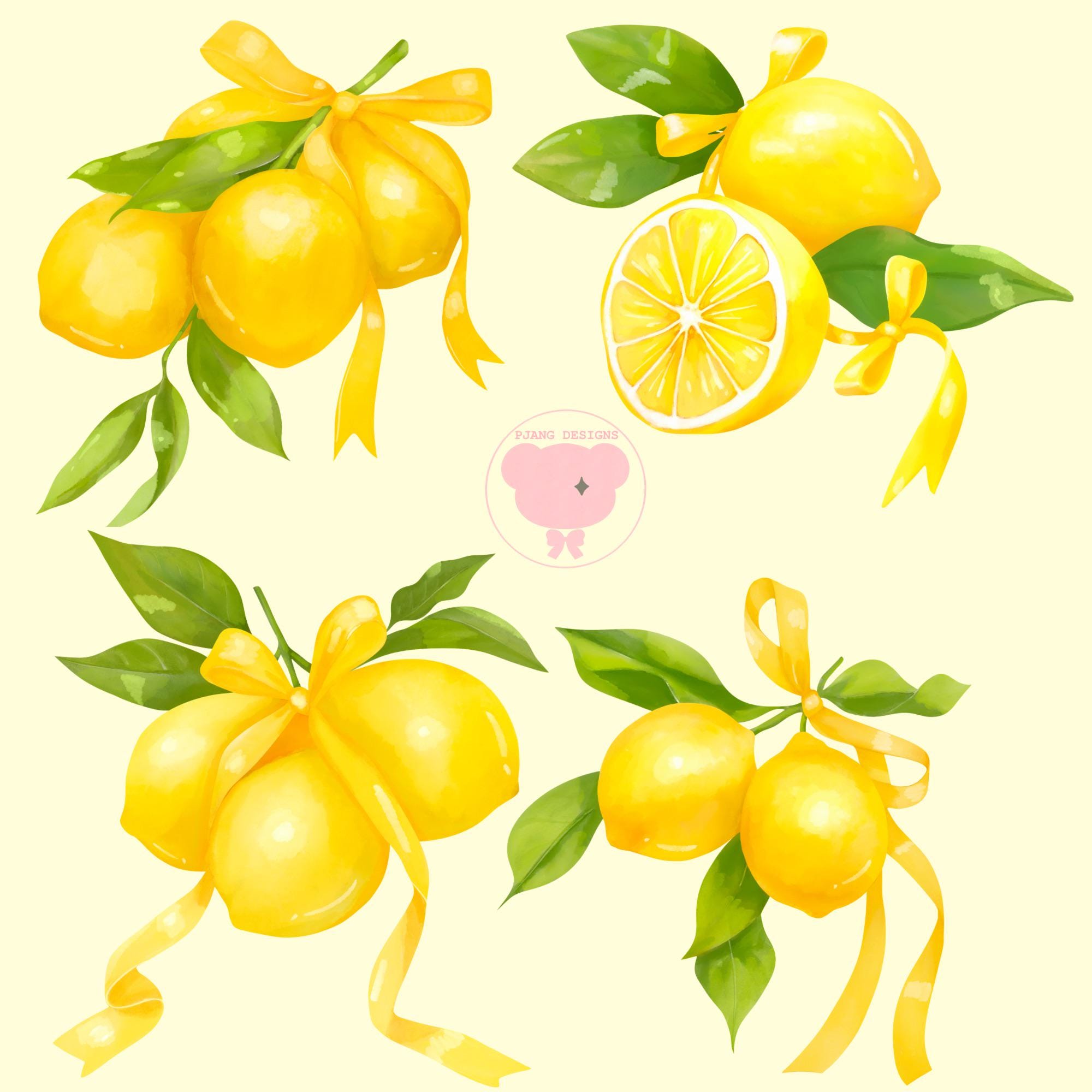 Watercolor Lemon Clip Art With Ribbon Bows - 12 PNG, Citrus Lemon ...