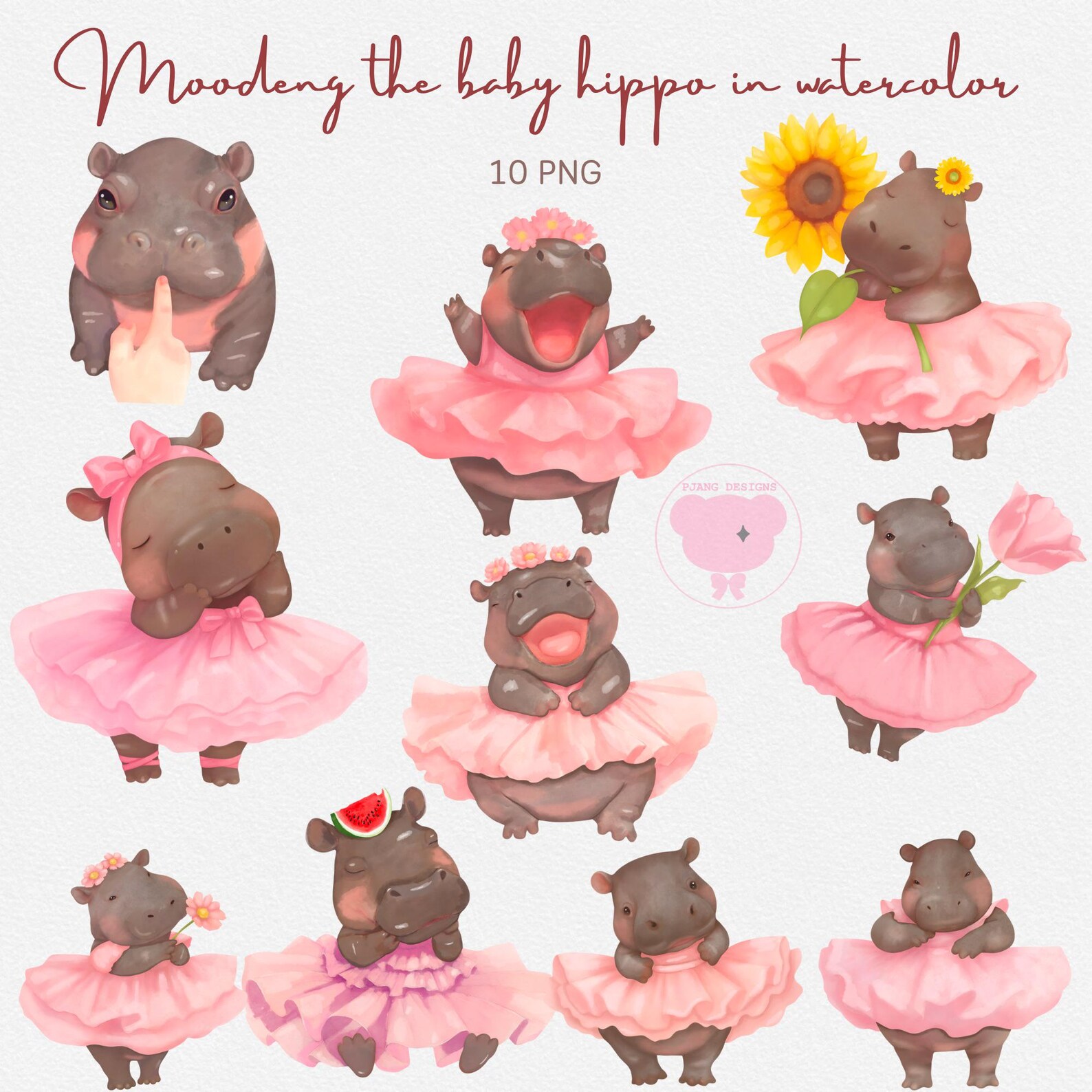 Moodeng the Cute Baby Hippo Watercolor Clipart, Cute Hippo Wearing Pink ...