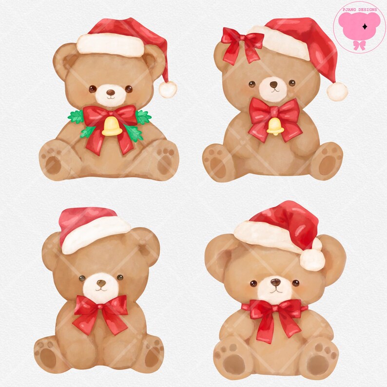 15 Christmas Teddy Bear Clipart Set | Cute Watercolor Santa Bears ...