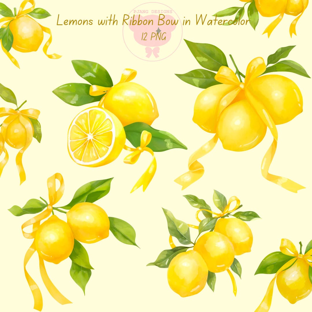 Watercolor Lemon Clip Art With Ribbon Bows - 12 PNG, Citrus Lemon ...