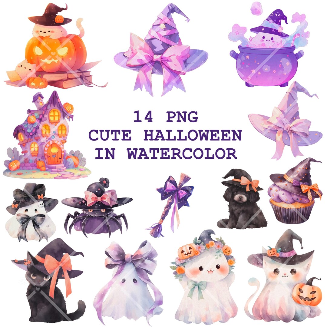 Cute Halloween Watercolor Clipart | 14 PNG Files of Witch Hats, Ghosts ...