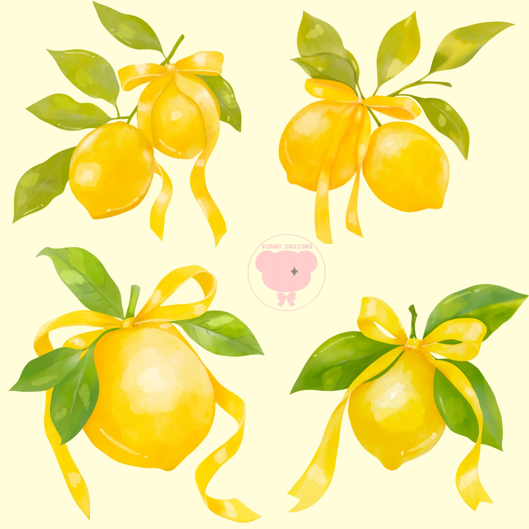 Watercolor Lemon Clip Art With Ribbon Bows - 12 PNG, Citrus Lemon ...