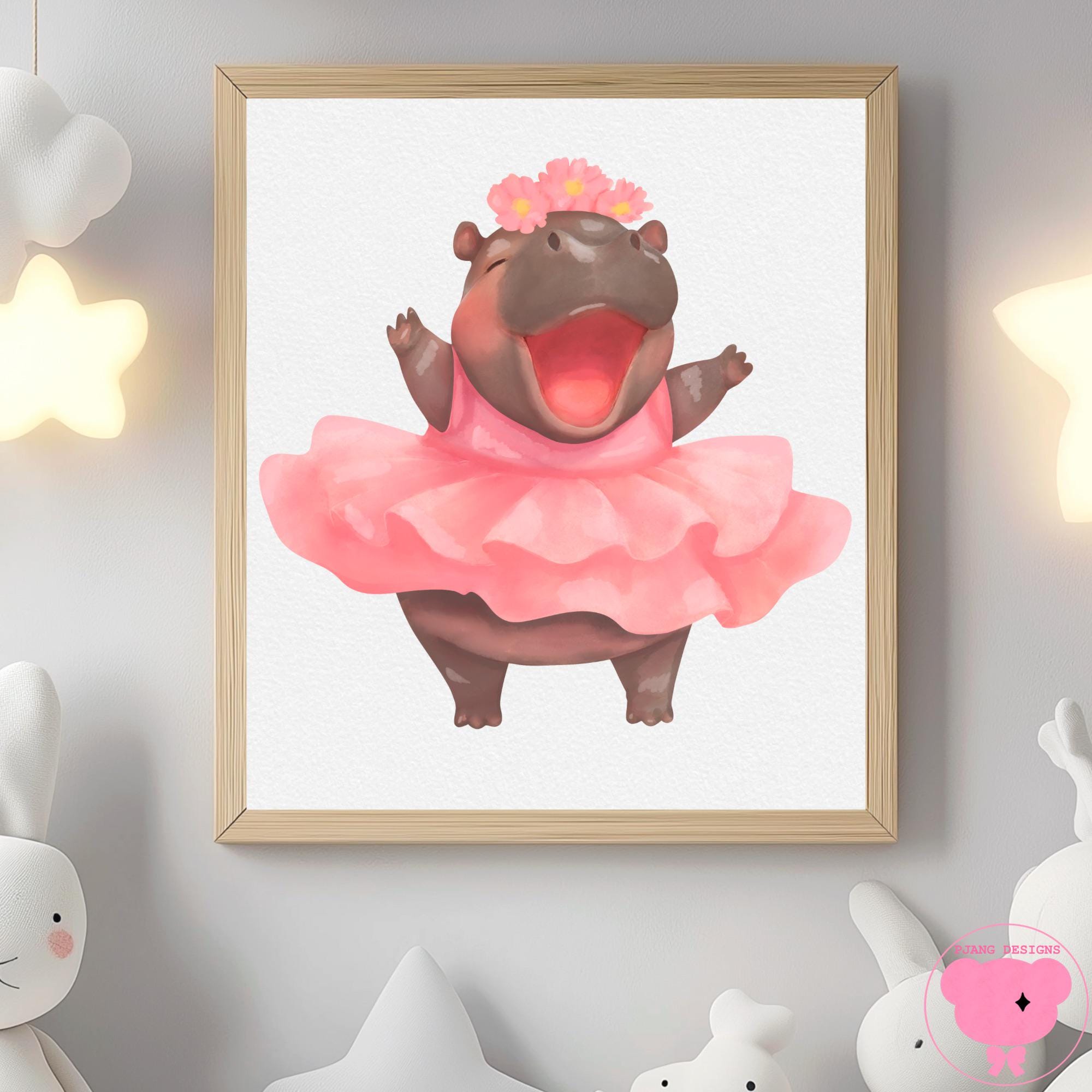 Moodeng the Cute Baby Hippo Watercolor Clipart, Cute Hippo Wearing Pink ...