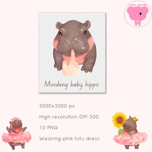 Moodeng the Cute Baby Hippo Watercolor Clipart, Cute Hippo Wearing Pink ...