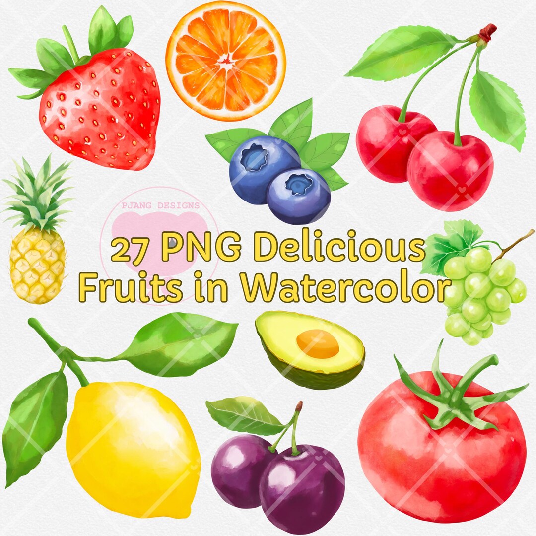 Watercolor Fruit Clipart | 27 PNG Fruits | Delicious Digital Fruit ...
