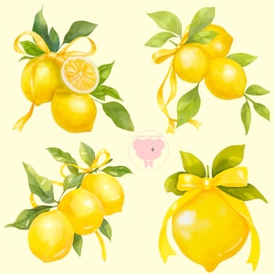 Watercolor Lemon Clip Art With Ribbon Bows - 12 PNG, Citrus Lemon ...