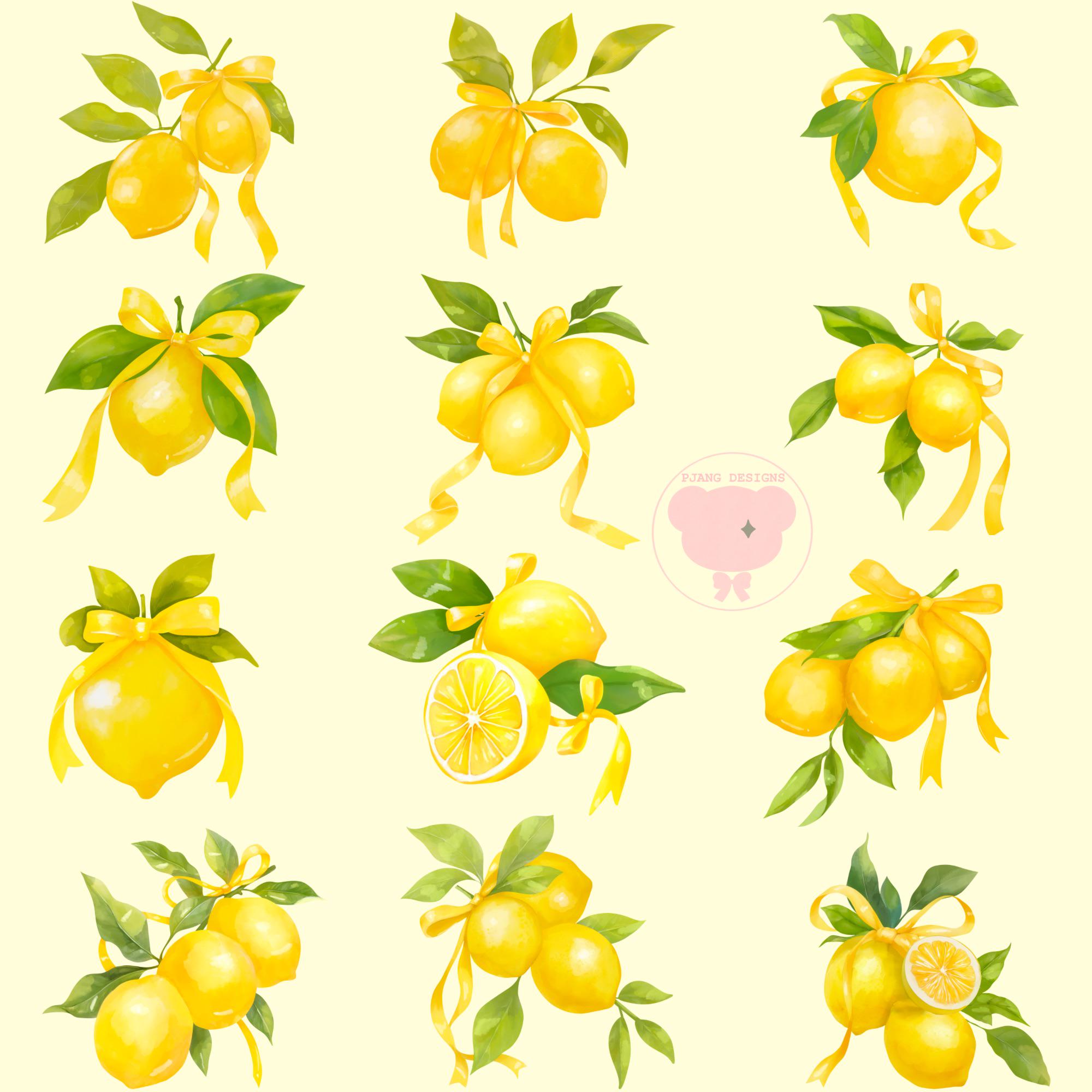 Watercolor Lemon Clip Art With Ribbon Bows - 12 PNG, Citrus Lemon ...