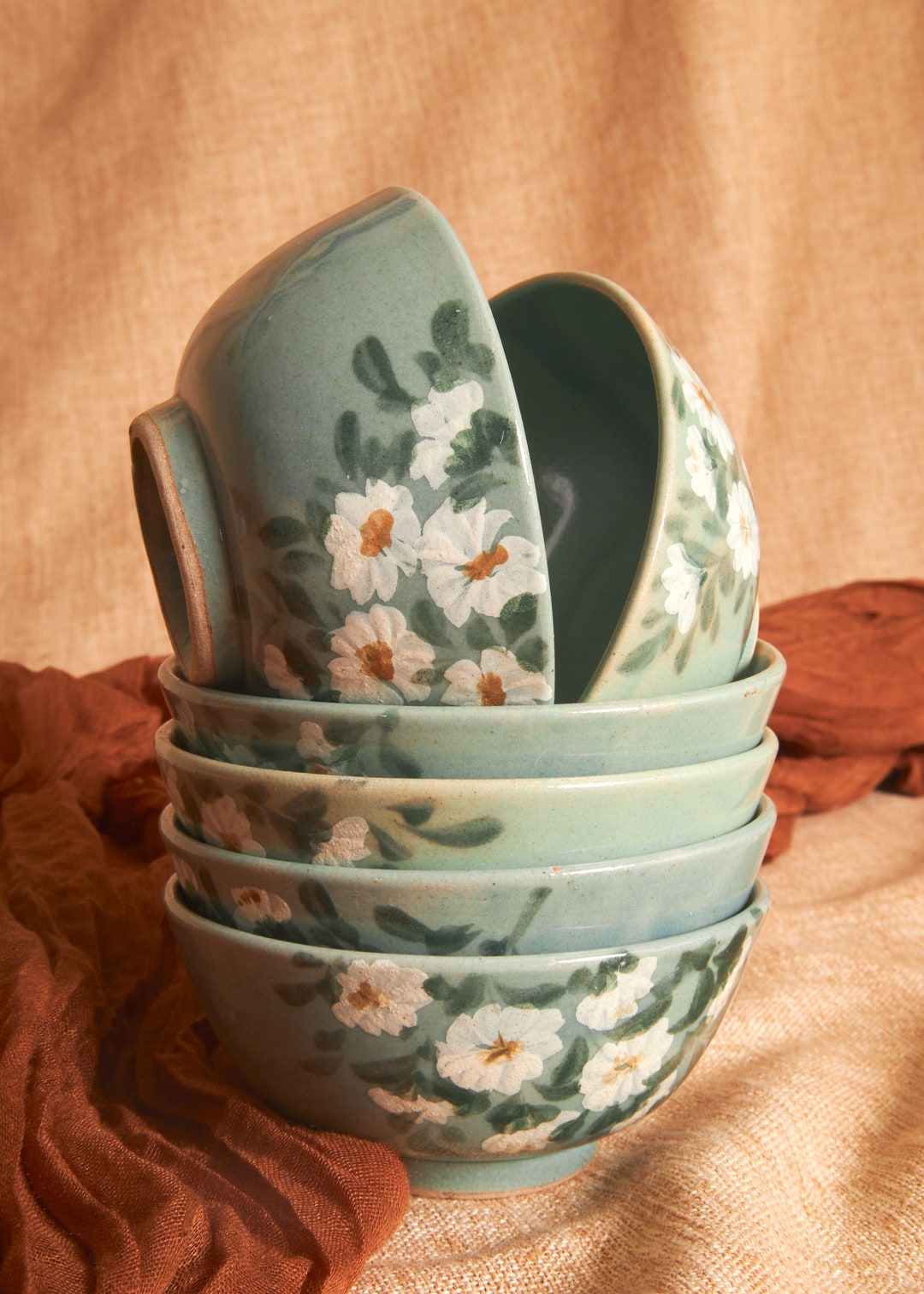 Handmade Pottery - Celadon Rice Bowl | Hand-painted Bowl | Flower Bowl ...