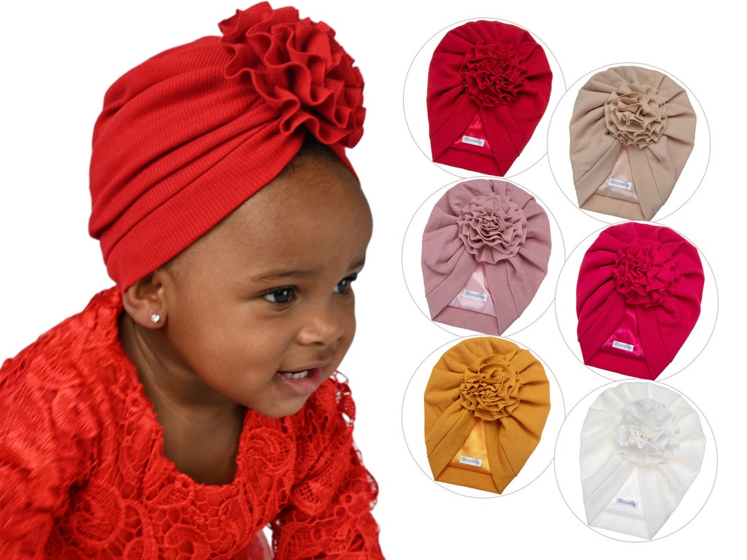 Silk-lined BABY TURBAN, Big Flower Ruffles Cap, Toddler Hair Accessory ...