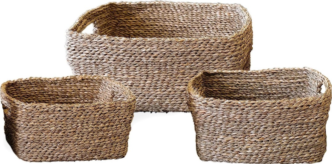 Set 3 Seagrass Storage Baskets Wicker Cubby Storage Bins - Etsy