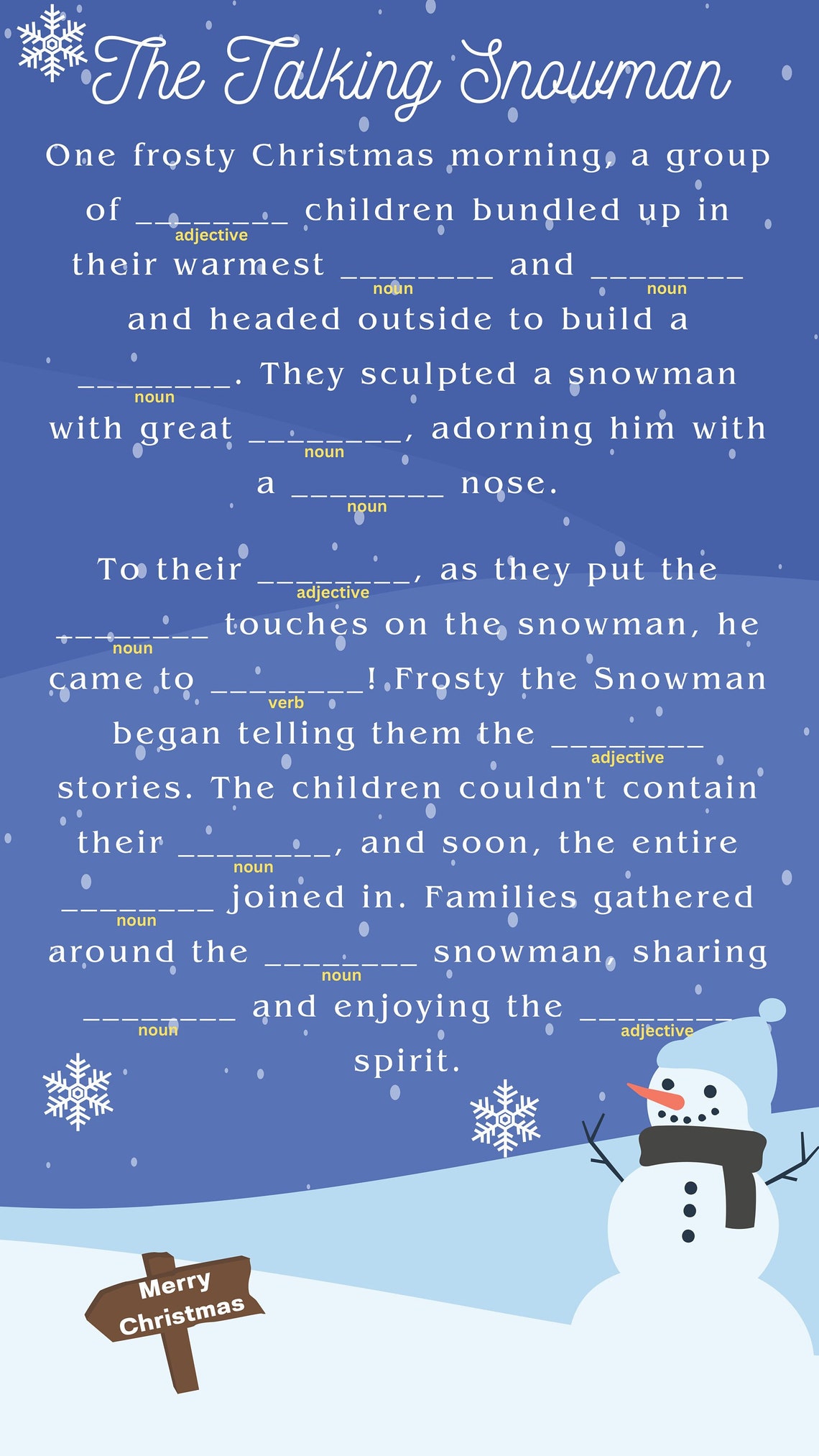 The Talking Snowman Mad Libs, Christmas, Printable, Digital Download - Etsy