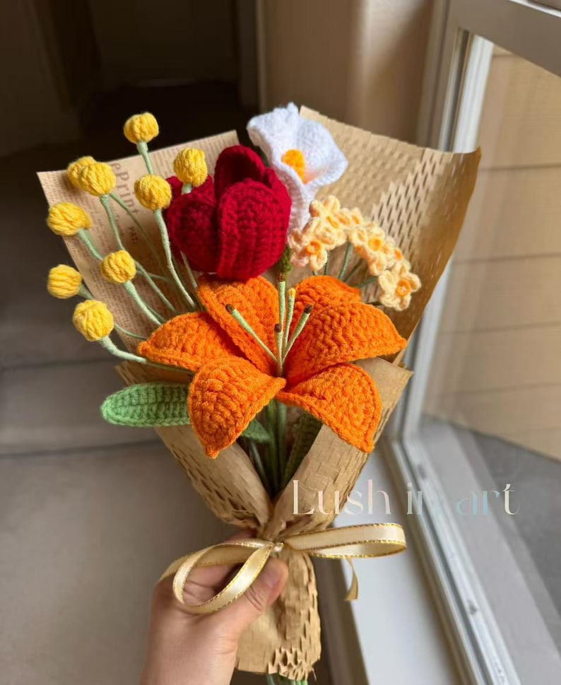 Mother's Day Gift, Crochet Lily Bouquet: Handmade Purple Yarn Flower ...