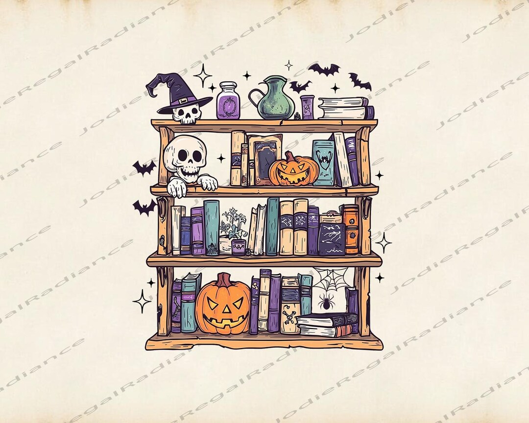Halloween Library Bookshelf PNG, Ghost Reader, Skeleton Book Club (300 ...