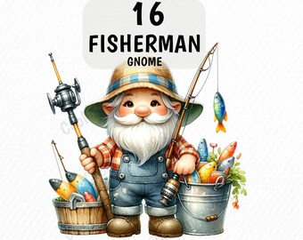 Watercolor Fishing Gnome Clipart Bundle Png, Fisherman Gnome, Fly ...