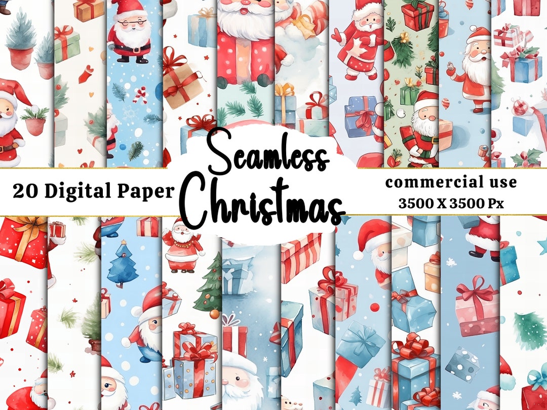 20 PNG Seamless Watercolor Santa Winter Digital Paper Pack, Snowy ...
