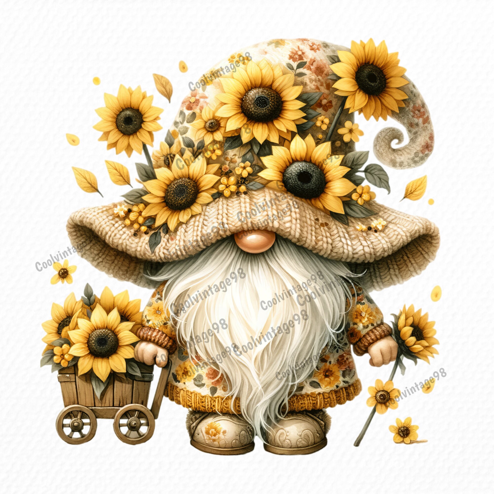 25 Watercolor Sunflowers Gnome Clipart Png, Garden Clipart, Spring ...