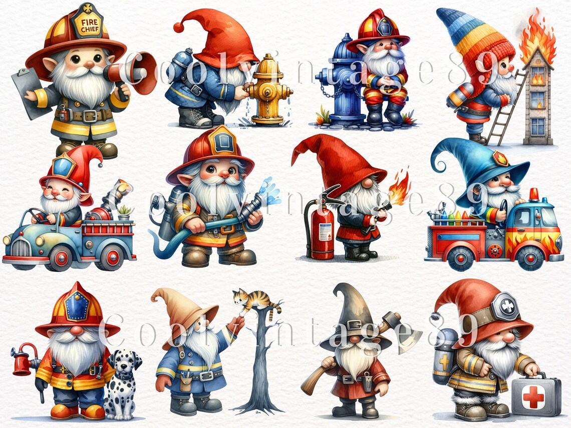 20 Watercolor Firefighter Gnomes Png, Fireman Gnomes, Army Firefighter ...