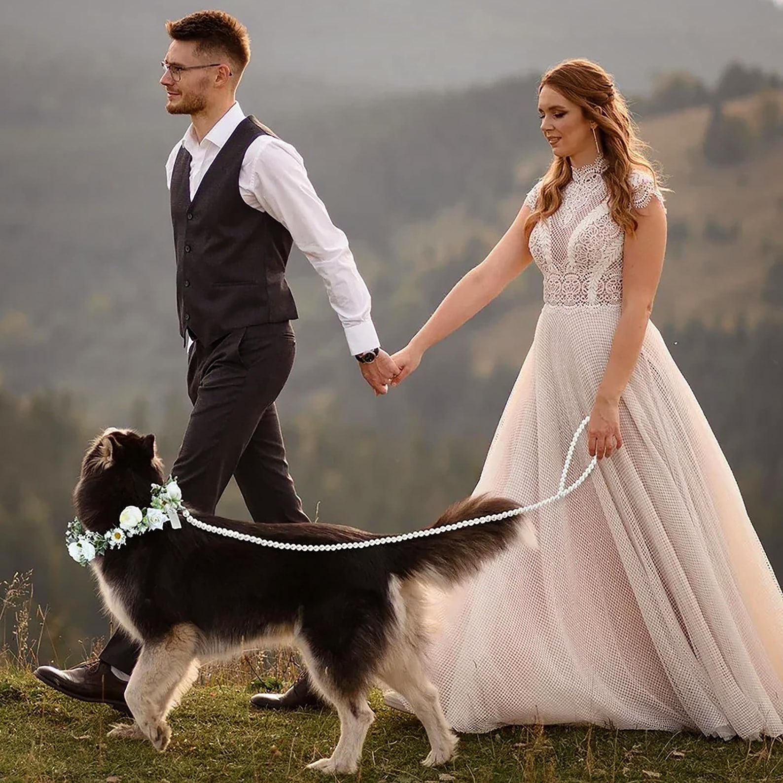 Elegant Dog Wedding Flower Collar & Pearl Leash Set – Faux Floral ...