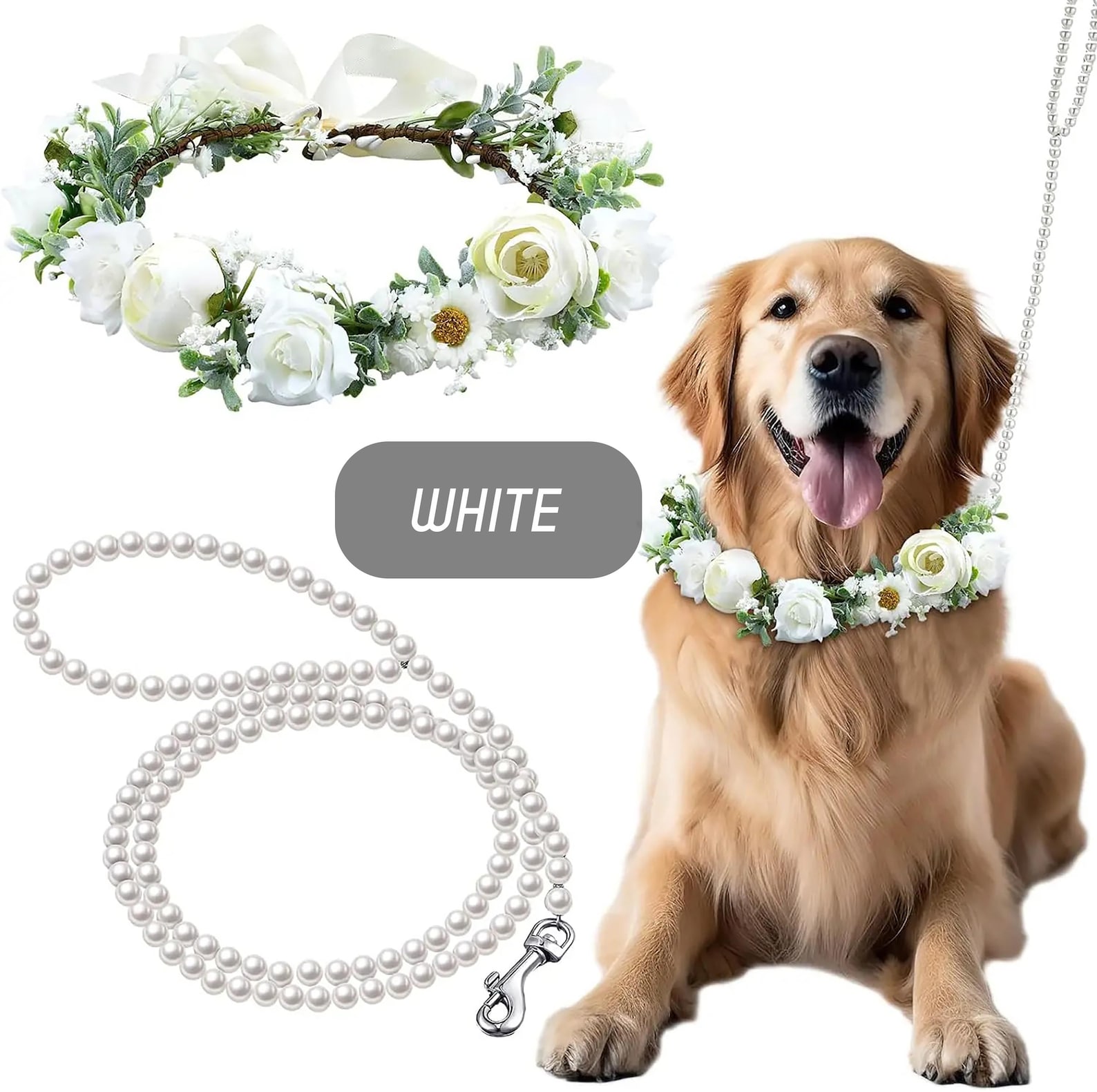 Elegant Dog Wedding Flower Collar & Pearl Leash Set – Faux Floral ...