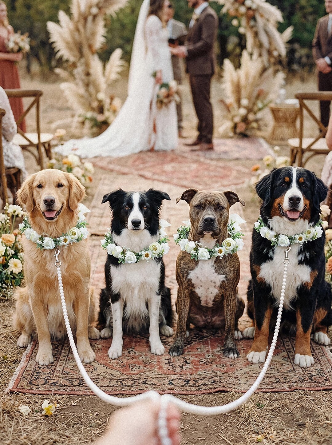 Dog Wedding Flower Collar & Pearl Leash Set – Floral Pet Collar for ...
