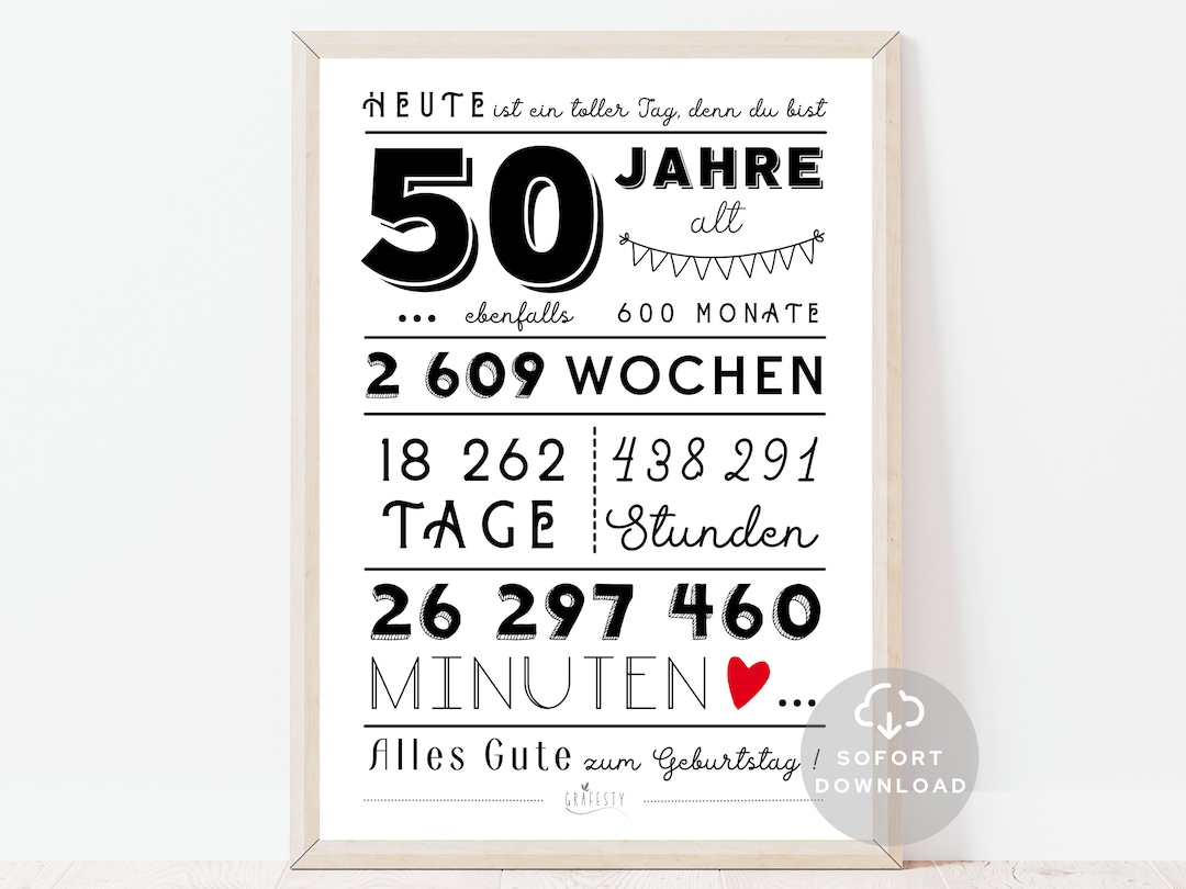 50 Geburtstag Poster | Minuten, Stunden, Tage, Monate, Jahre Geburtstag ...