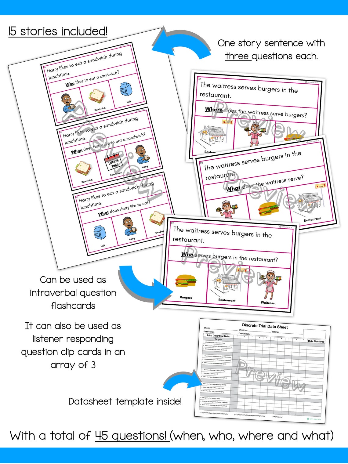WH Questions Reading Comprehension 15 Sentences 45 Questions Who Where ...