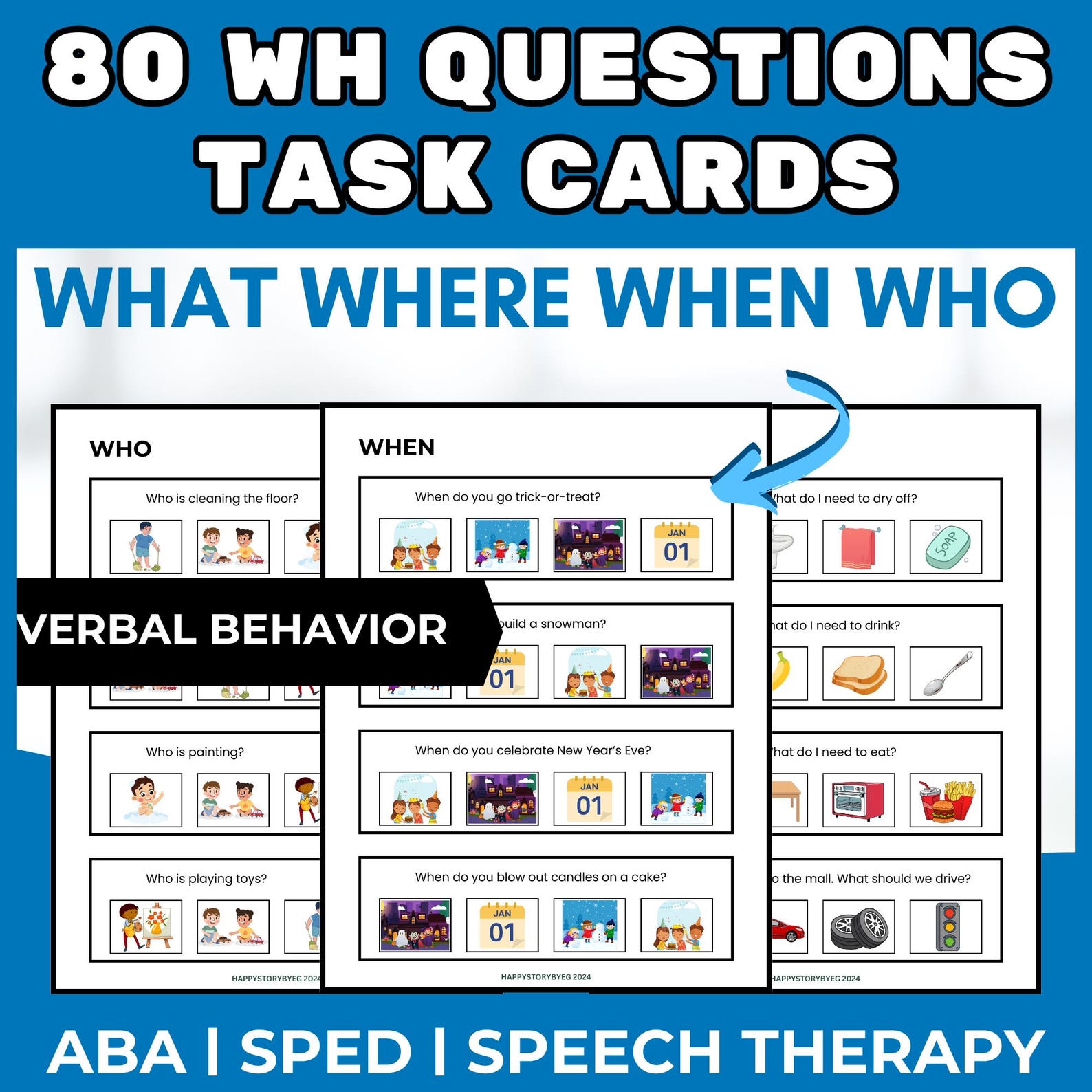 Verbal Behavior ABA 80 WH Questions Task Cards for Intraverbal and LR ...
