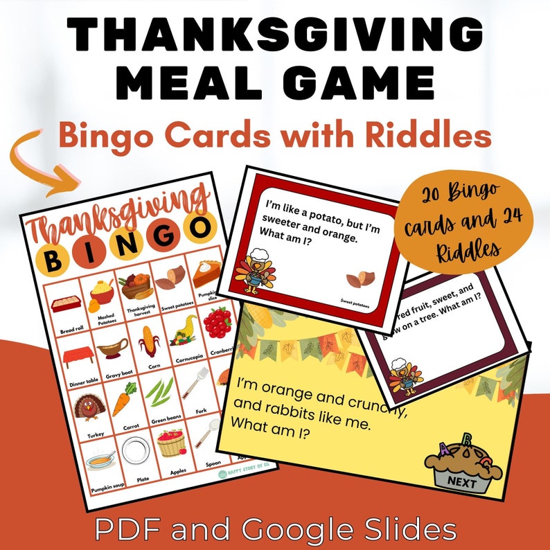 Fall Thanksgiving Dinner Meal Bingo Game With Riddle Questions ...