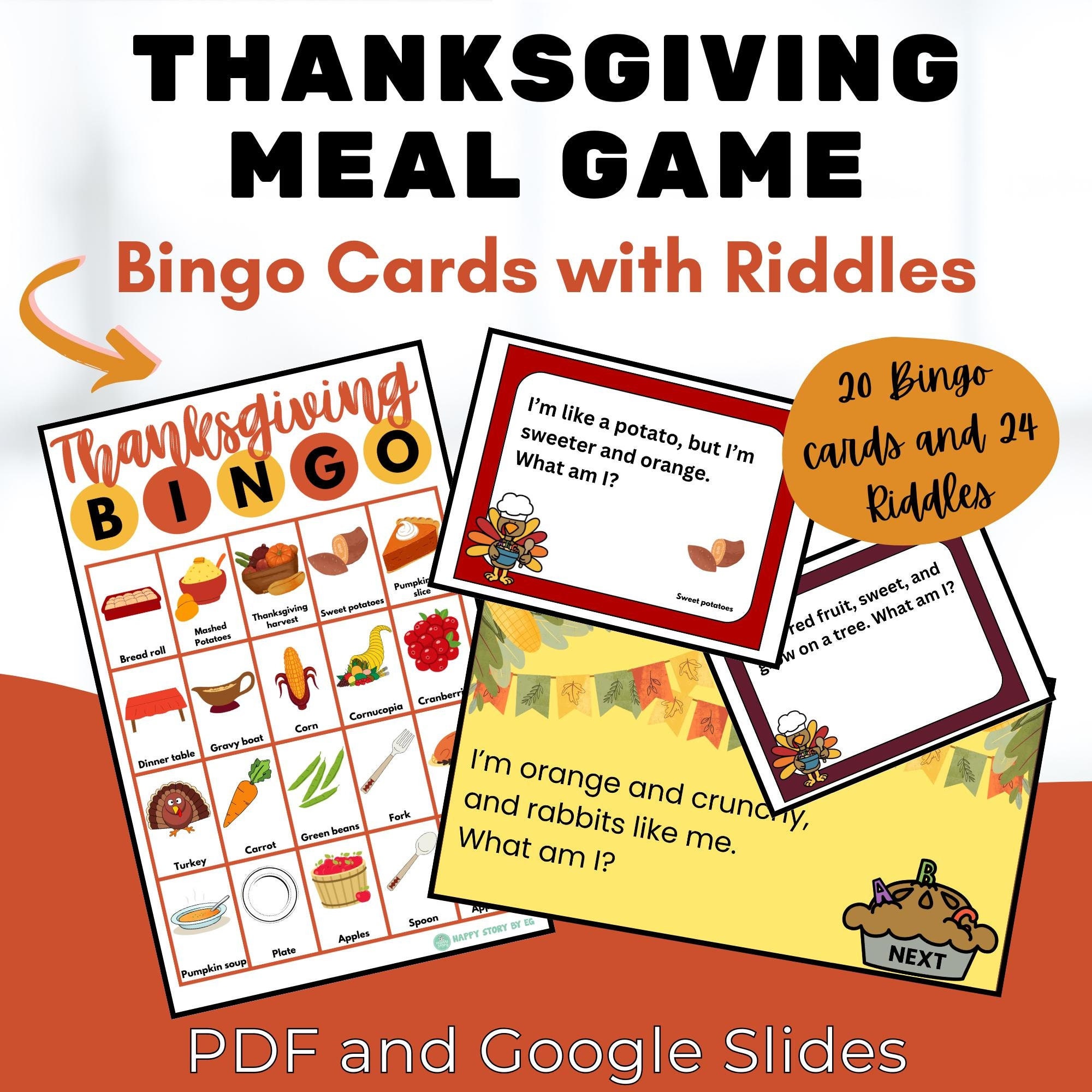 Fall Thanksgiving Dinner Meal Bingo Game With Riddle Questions ...